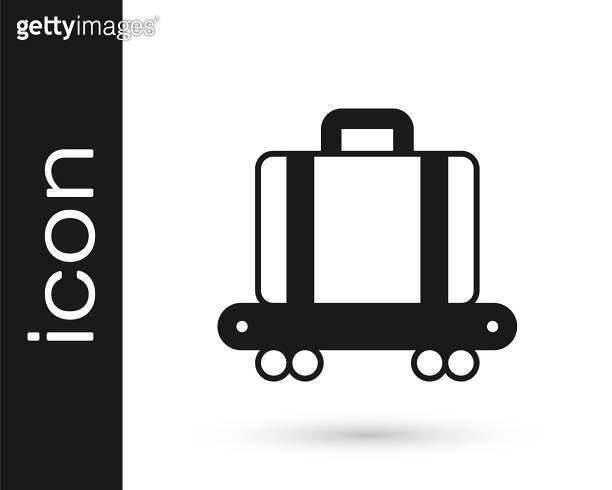 Black Airport conveyor belt with passenger luggage, suitcase, bag ...