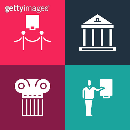 Set pop art Museum guide, Ancient column, building and Picture and rope ...