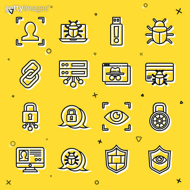 Set line Shield and eye, Safe combination lock, System bug credit card, USB flash drive, Server ...