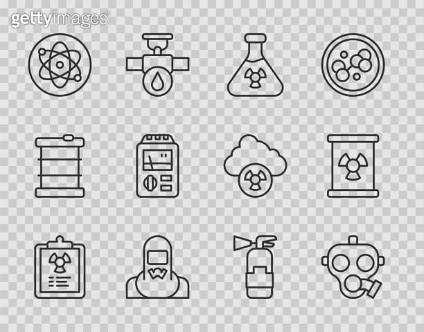 Set line Radiation warning document, Gas mask, Test tube radiation ...