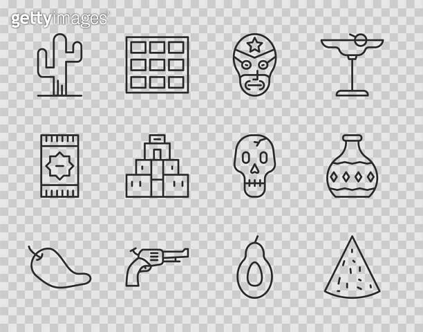 Set line Hot chili pepper pod, Nachos, Mexican wrestler, Revolver gun ...