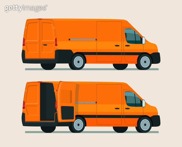 Cargo van two angle set. Van with open cargo door. Vector flat style ...