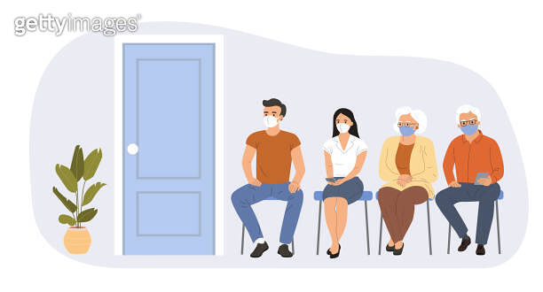 People of different ages are sitting in line. Woman in face mask ...