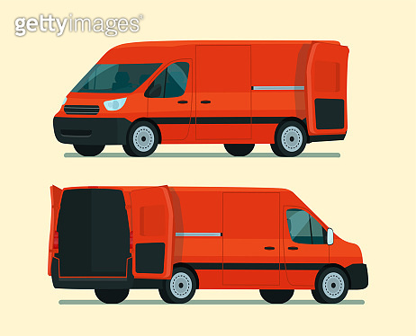 Cargo van two angle set. Van with open cargo door. Vector flat style ...