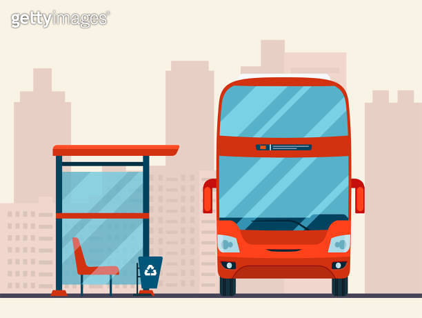 Double-decker bus and bus stop on abstract cityscape background. Vector ...