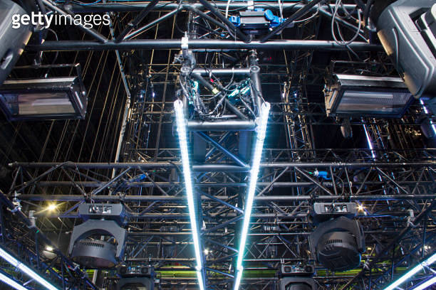 Black aluminum steel trusses with led bars lighting and moving heads ...