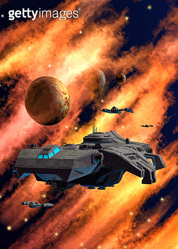 Spaceships' Patrol exploring alien planetary system, 3d illustration ...