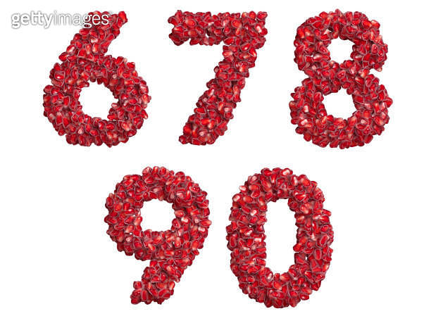 3d alphabet, numbers 67890 made of pomegranate grains, 3d illustration ...