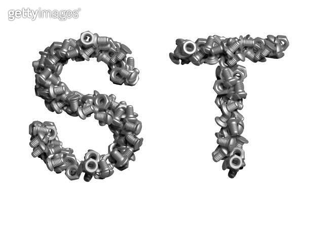 3d alphabet made of bolts, uppercase letters S T, 3d rendering ...