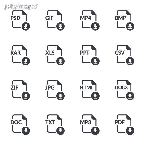 File format extensions icons. Pdf and mp3, txt and doc, docx and html ...