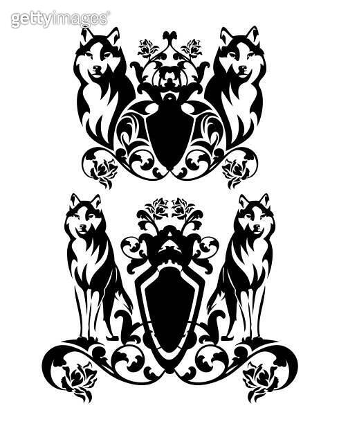 pair of standing wolves with heraldic shield and rose flowers black and ...