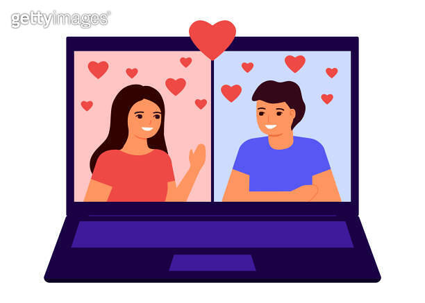 Young lover couple meet distance in video call online. Remote ...