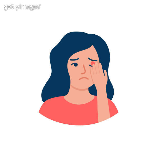 Eye pain of woman, hurt vision. Vision problem. Girl holds on to eye ...