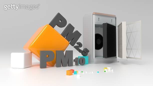 3D illustration of PM2.5, PM10 and air purifier with a hexahedral cubic background. 이미지 ...