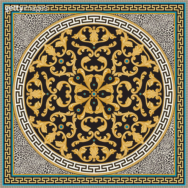 Baroque scrolls, turquoise gem, gold frieze key pattern, Greek black ...