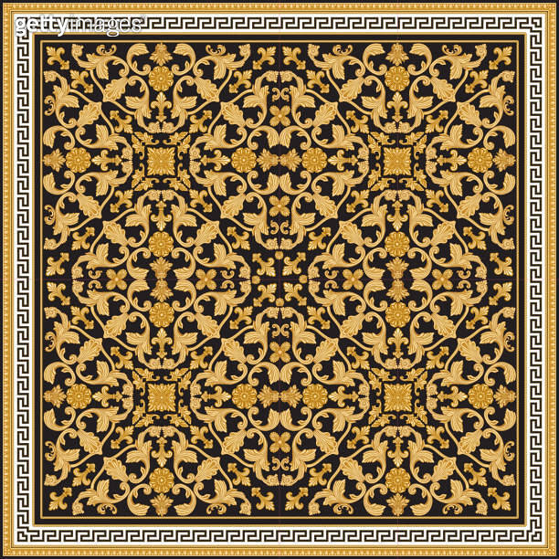 Baroque scrolls rosette, golden Greek key pattern, meander border ...