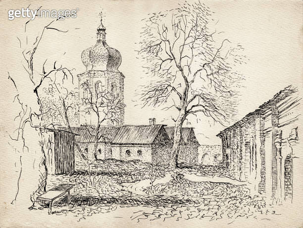 Hand drawn ink and pen sketch of bell tower and cells of the Yeletsky ...