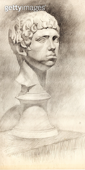 Gypsum plaster slab from an antique bust on a pedestal, Nubian boy. Old ...