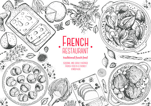 French cuisine top view frame. A set of classic French dishes with beef ...