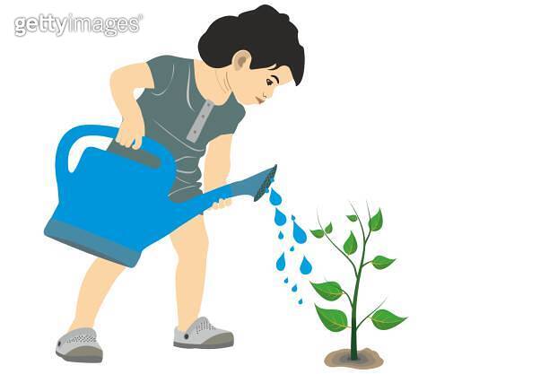 A beautiful child is giving water to the green fresh plant. 이미지 ...