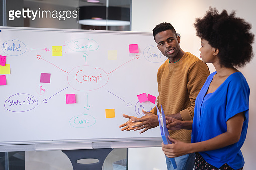 Diverse male and female colleagues standing in front of whiteboard ...