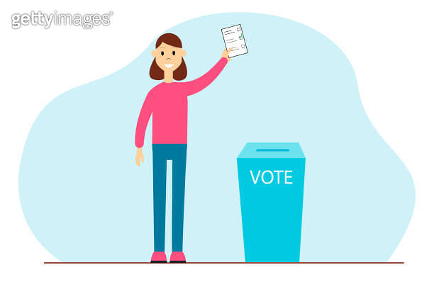 Cartoon woman putting vote into the ballot box. Democracy elections ...