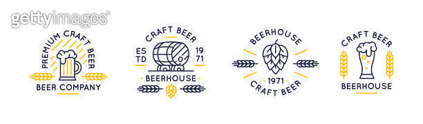 Set of 4 beer labels and logos. Vintage craft beer icons with pint and ...