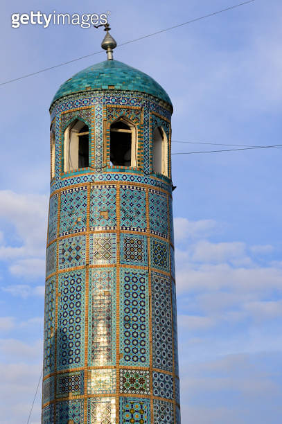 Minaret at the Shrine of Ali (Hazrat Ali Mazar), Mazar-i-Sharif, Balkh ...