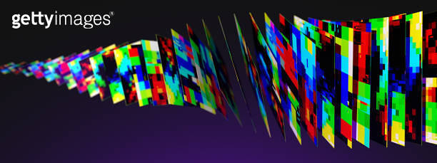 Digital color pixels in the form of square thin files are located at a ...