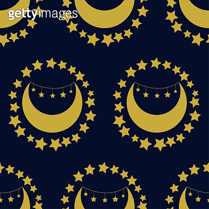 Seamless pattern with gold moon and stars on black background. Vintage ...