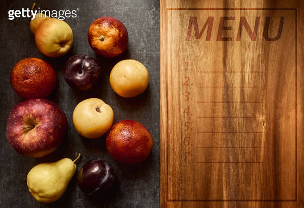 Restaurant menu layout design concept. Wooden board with menu ...