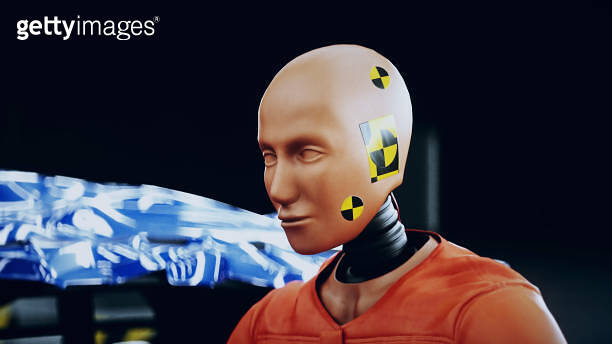 Robot crash test dummy sitting near destroyed car crash test. Future ...