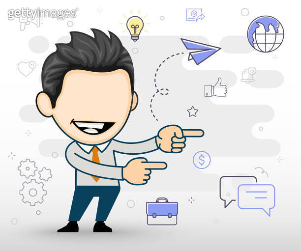 Smiling business man points right in cartoon vector style 이미지 ...