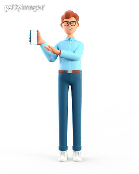 3D illustration of standing man with smartphone, showing at screen ...