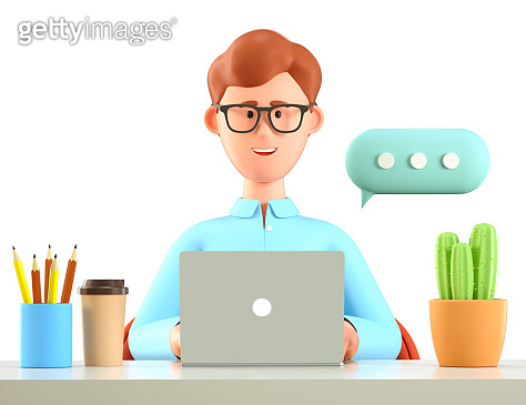 3D illustration of smiling man using laptop and working at the desk in ...