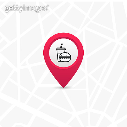 Fast food location pin, with burger icon, abstract pin sign, vector ...