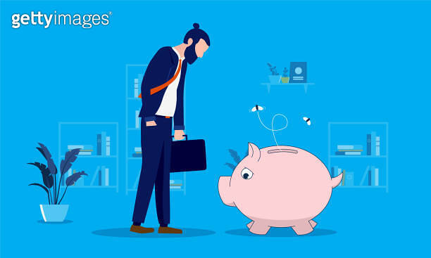 Poor businessman - Man standing in front of empty piggy bank feeling ...