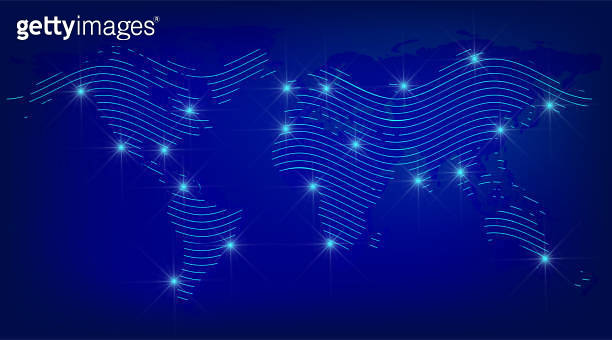 World map with a dynamic waves. Waves World map with spotlights on dark ...