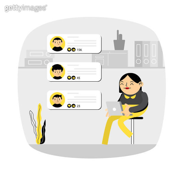 Woman responding to online chat via computer 이미지 (1338806068) - 게티이미지뱅크