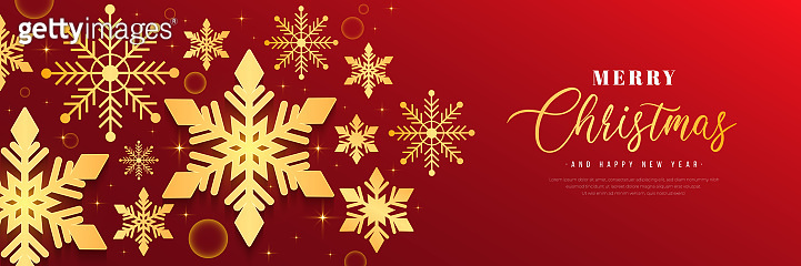 Red christmas horizontal banner background with glitter golden snowflake decoration. Luxury and ...