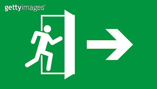 Emergency exit. Sign of fire exit. Icon for safety escape. White door ...