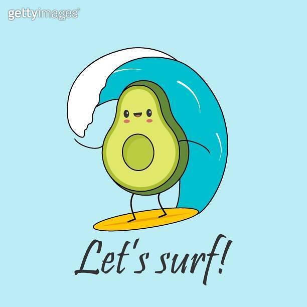 Cute Avocado surfing outdoor. Eating healthy and fitness. Funny food ...