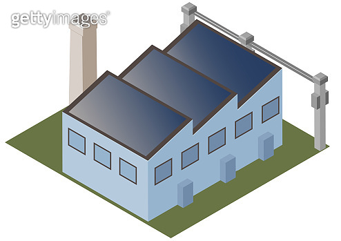 Factory with isometric solar panels, with utility poles and electric ...