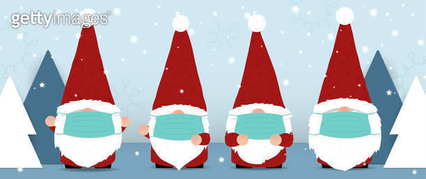 Cute Gnomes or Santa with red hats, wearing medical masks to prevent ...