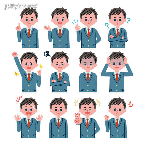 Male student facial expression illustration set 이미지 (1297515012) - 게티이미지뱅크