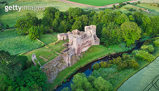 Aerial view of ruins of Hailes Castle, East Linton, East Lothian ...