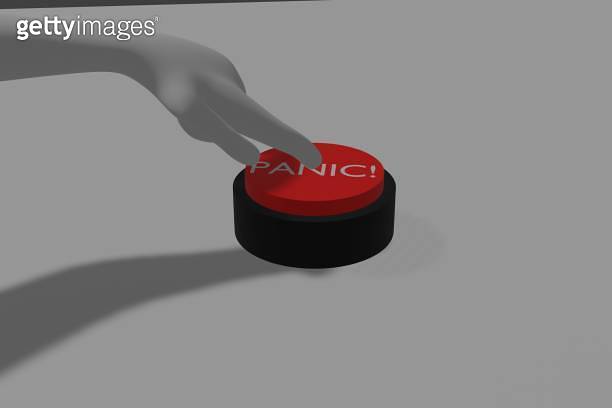 Some pressing the Red Panic button. 3D render. 이미지 (1358833683) - 게티이미지뱅크