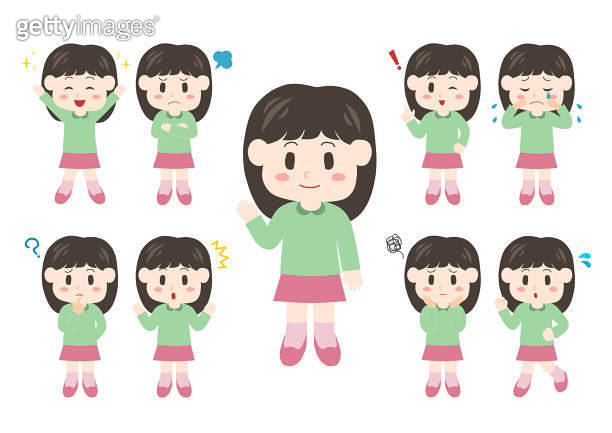 Vector illustration of child. Girl emotion. Happy, angry, crying ...