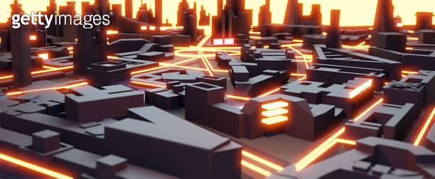 3D Render abstract modern city with neon street lines representing ...