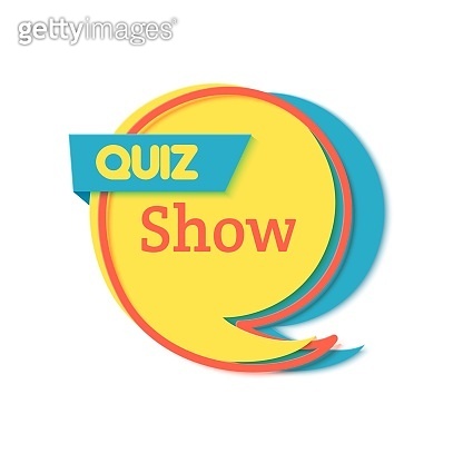 Quiz time poster in paper cut style. Trivia show blue sticker comma ...